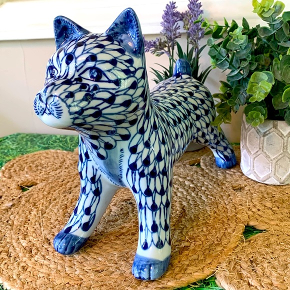 Accents | Adorable Ceramic Cat Statue Blue And White Detail Euc | Poshmark